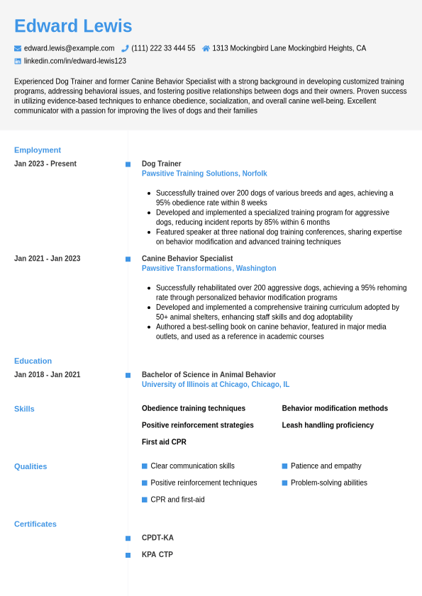 Dog Trainer Resume Writing Guide & Tips | Jobseeker