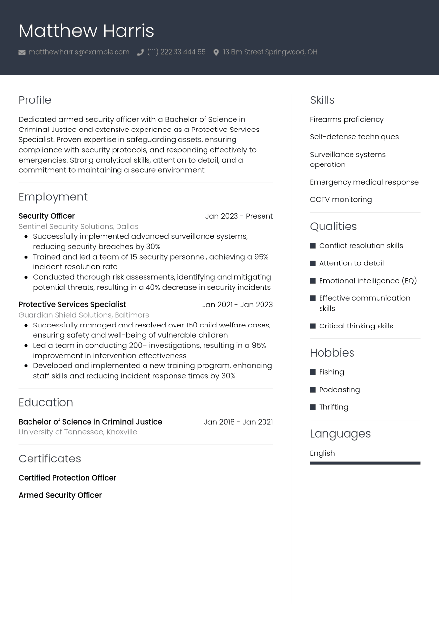 Armed Security Resume Example | Jobseeker