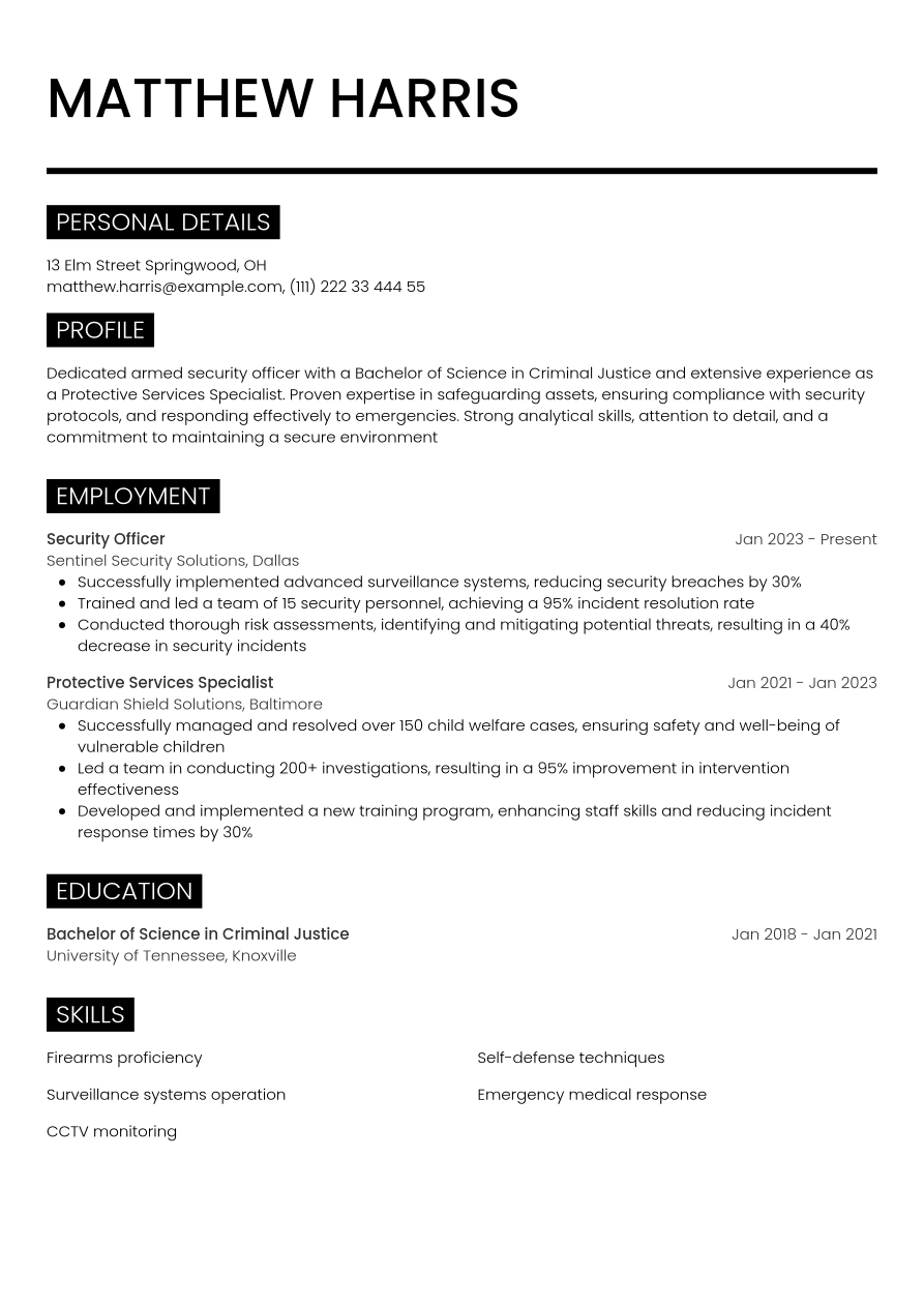 Armed Security Resume Example | Jobseeker