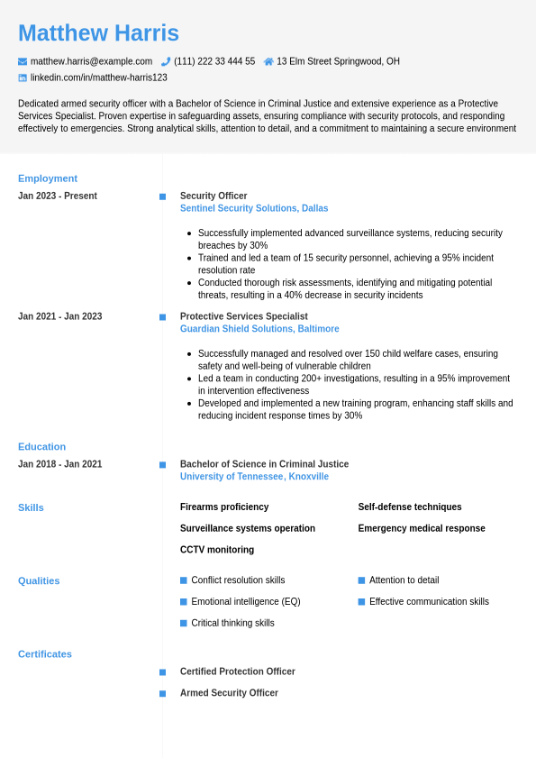 Armed Security Resume Example | Jobseeker