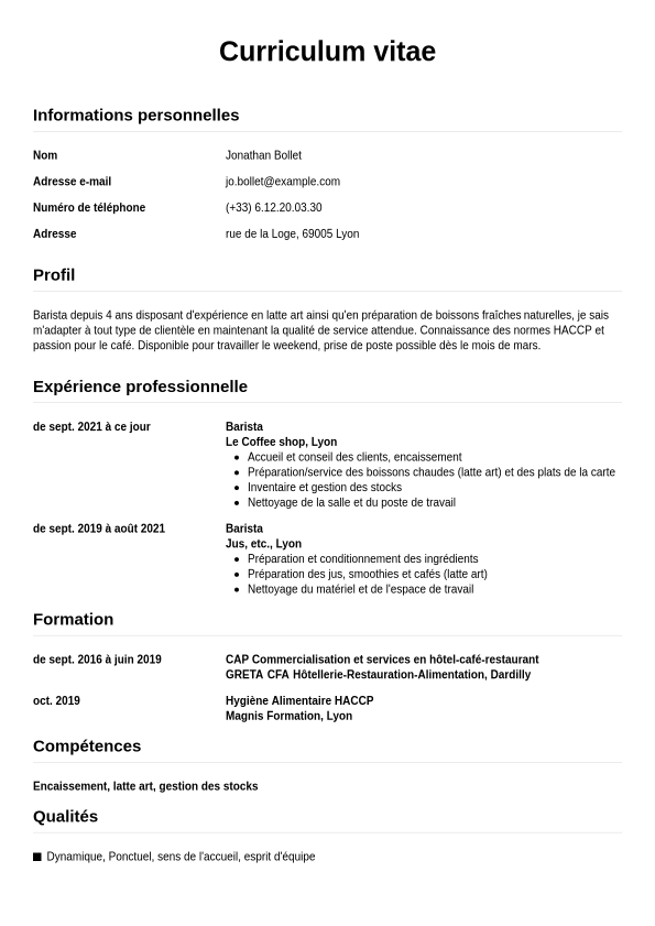 Exemple de CV barista | Jobseeker