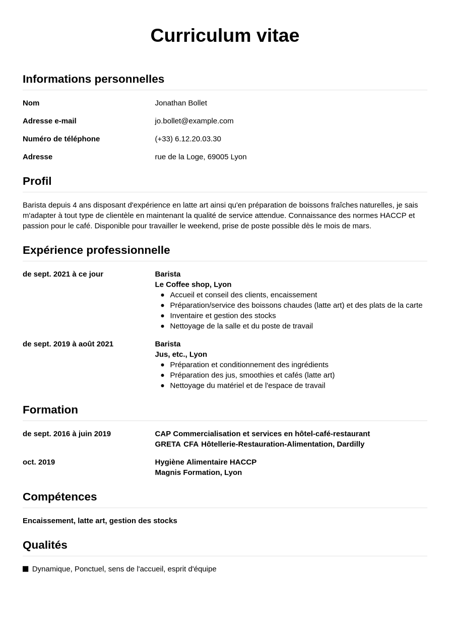 Exemple de CV barista | Jobseeker