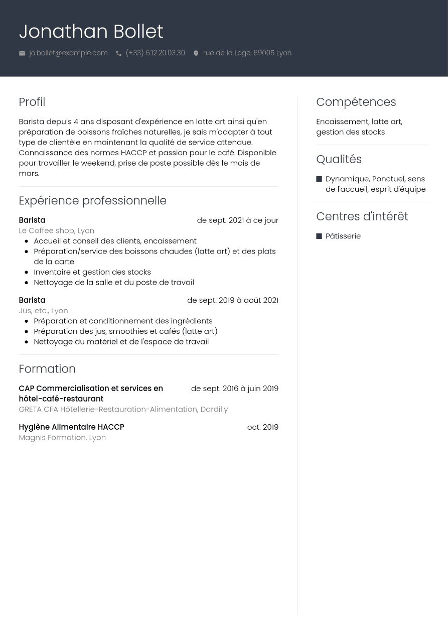 Exemple de CV barista | Jobseeker