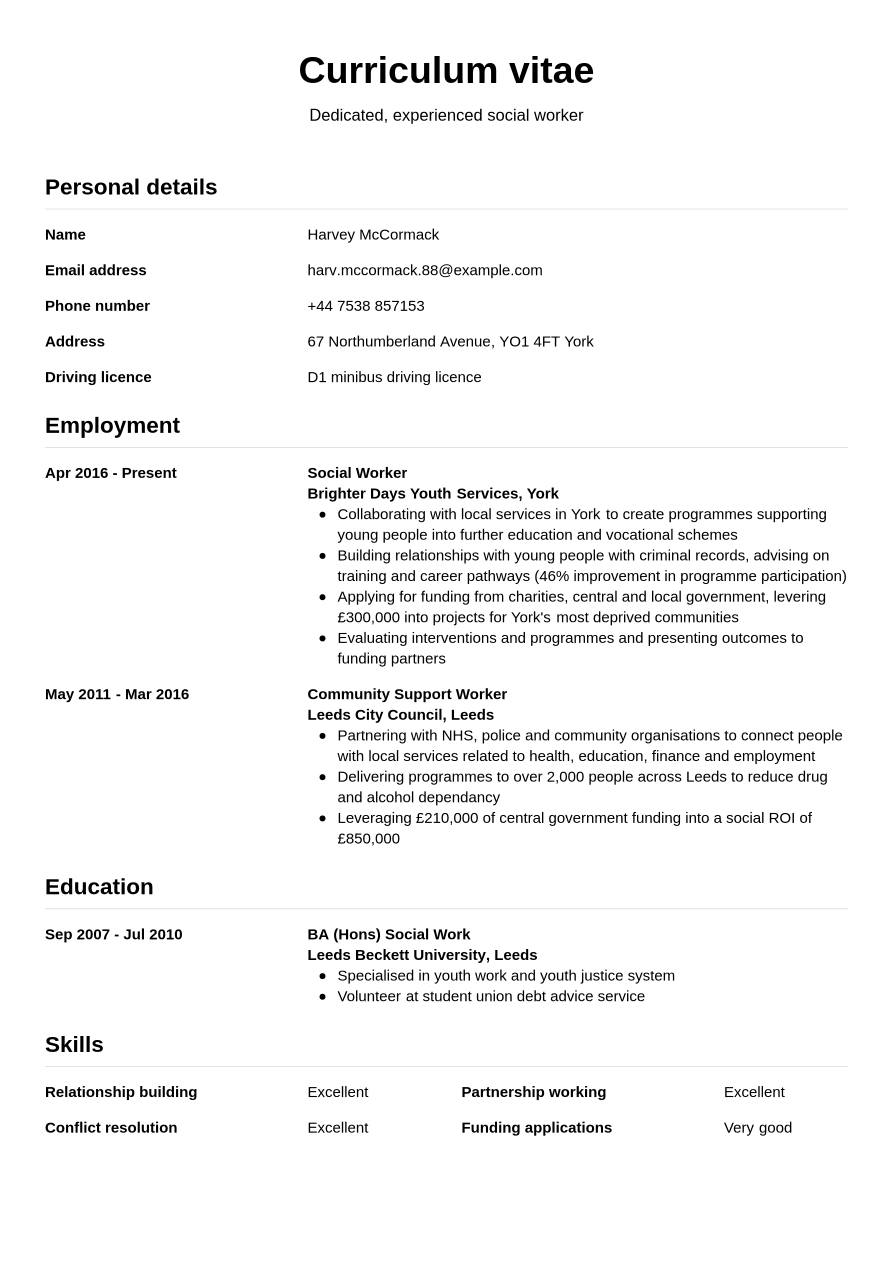 Social Worker CV Example | Jobseeker