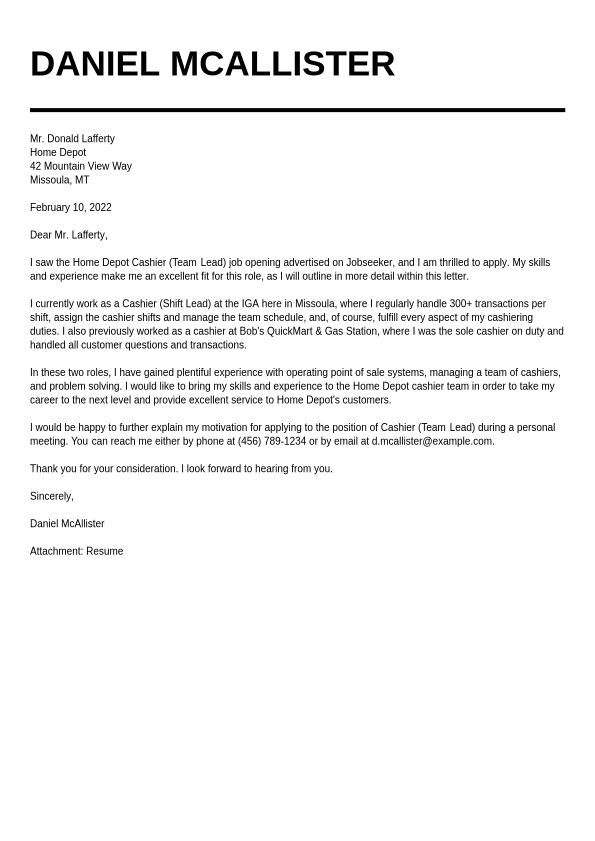 Cashier Cover Letter Example | Jobseeker