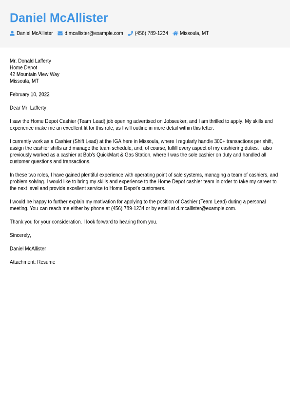 Cashier Cover Letter Example | Jobseeker