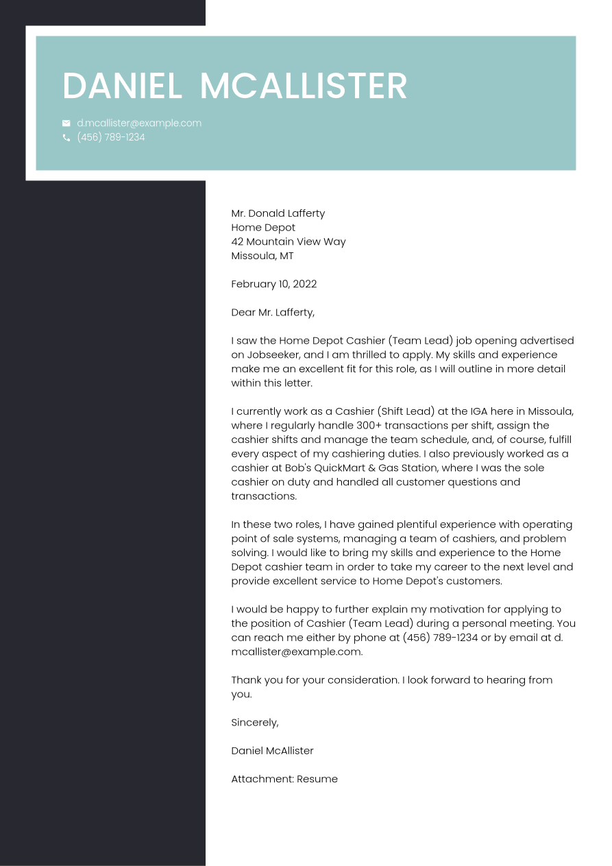 Cashier Cover Letter Example | Jobseeker