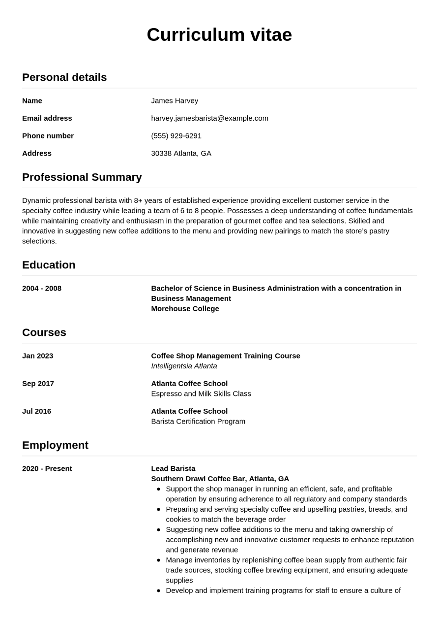 Barista resume example | Jobseeker