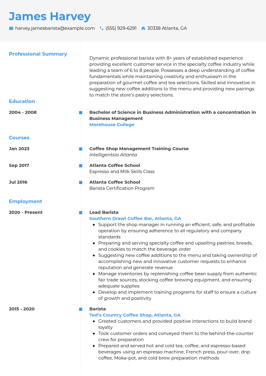 Barista resume example | Jobseeker