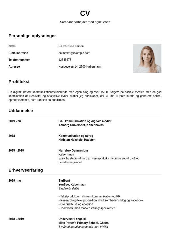 CV-eksempel studerende og kvote 2-ansøgere | Jobseeker