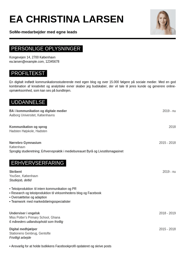 CV-eksempel studerende og kvote 2-ansøgere | Jobseeker