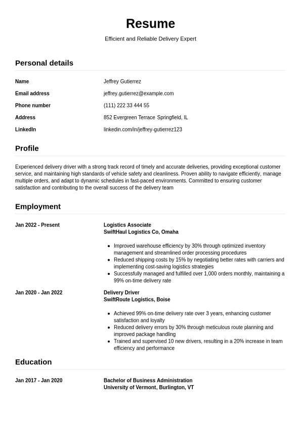 Uber Eats Resume Example | Jobseeker