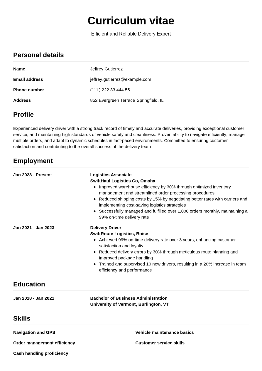 Uber Eats Resume Example | Jobseeker