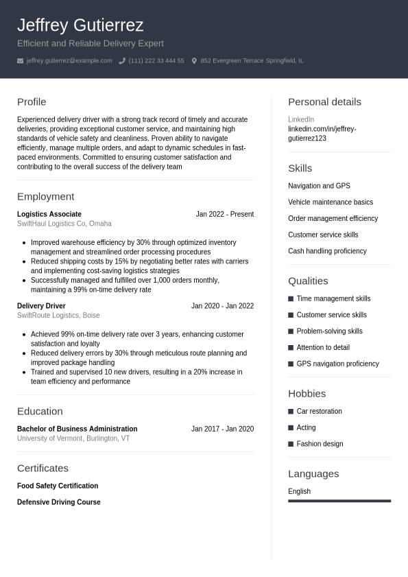 Uber Eats Resume Example | Jobseeker