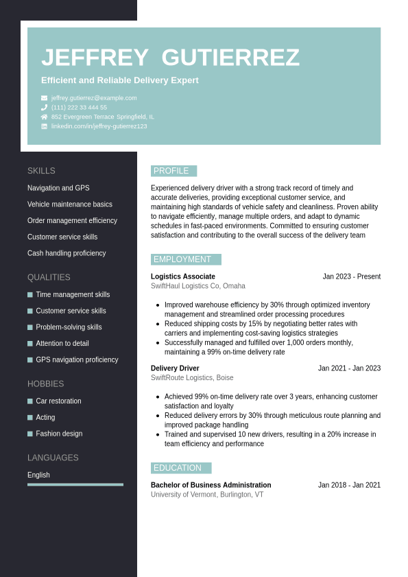 Uber Eats Resume Example | Jobseeker