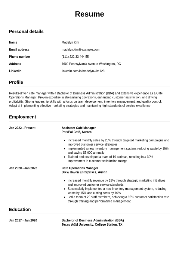 Cafe Manager Resume Example | Jobseeker
