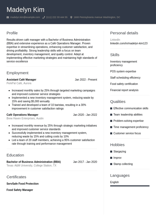 Cafe Manager Resume Example | Jobseeker