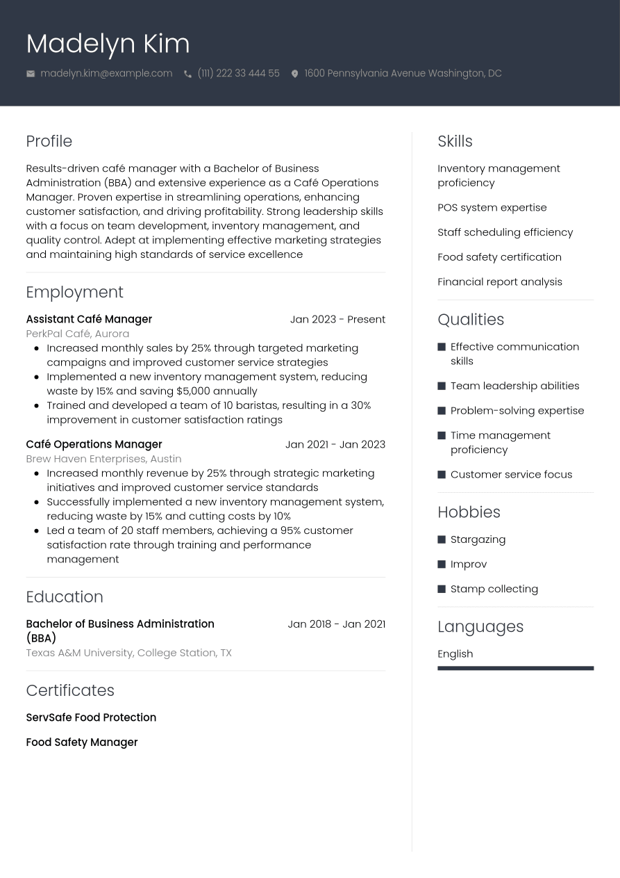 Cafe Manager Resume Example | Jobseeker