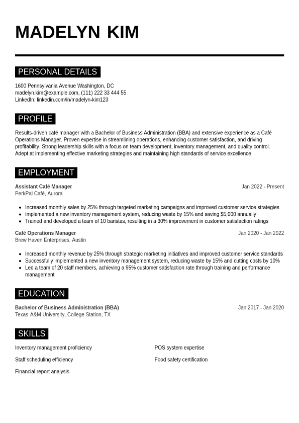 Cafe Manager Resume Example | Jobseeker