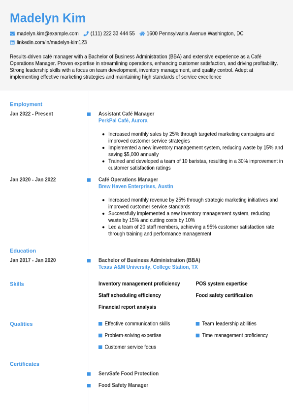 Cafe Manager Resume Example | Jobseeker