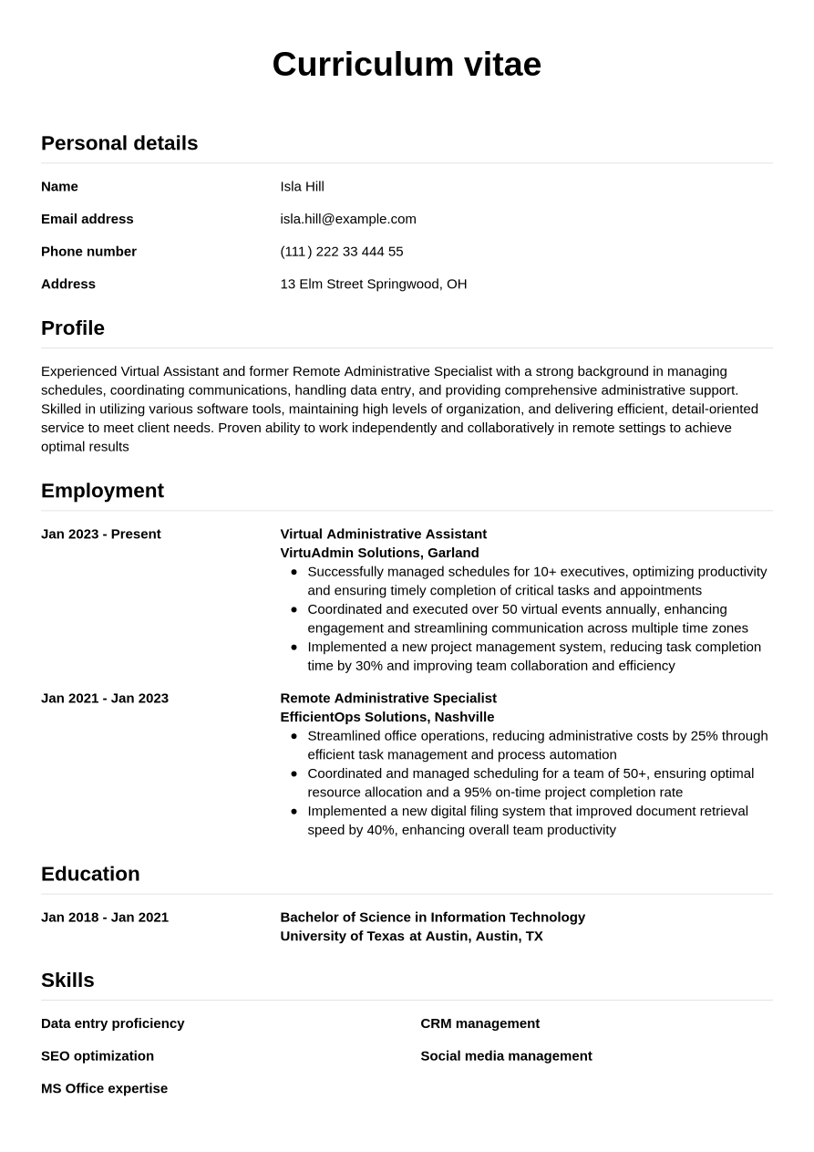 Virtual Assistant Resume Example | Jobseeker