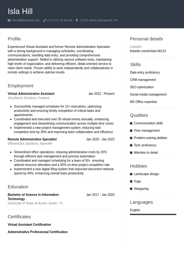 Virtual Assistant Resume Example | Jobseeker