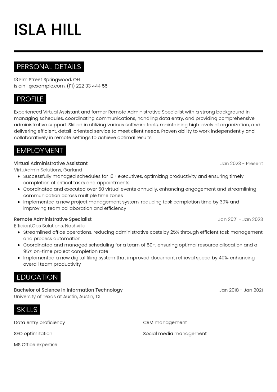 Virtual Assistant Resume Example | Jobseeker