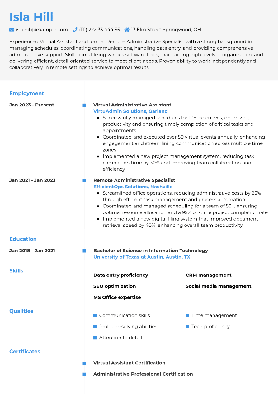 Virtual Assistant Resume Example | Jobseeker