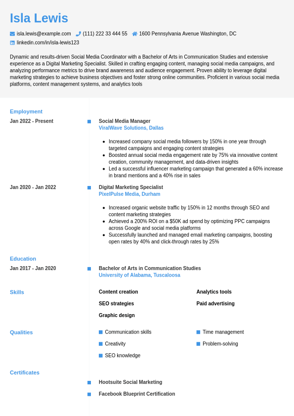 Social Media Coordinator Resume Writing Guide & Tips | Jobseeker