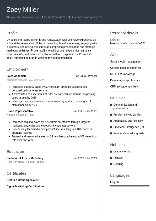 Brand Ambassador Resume Example | Jobseeker
