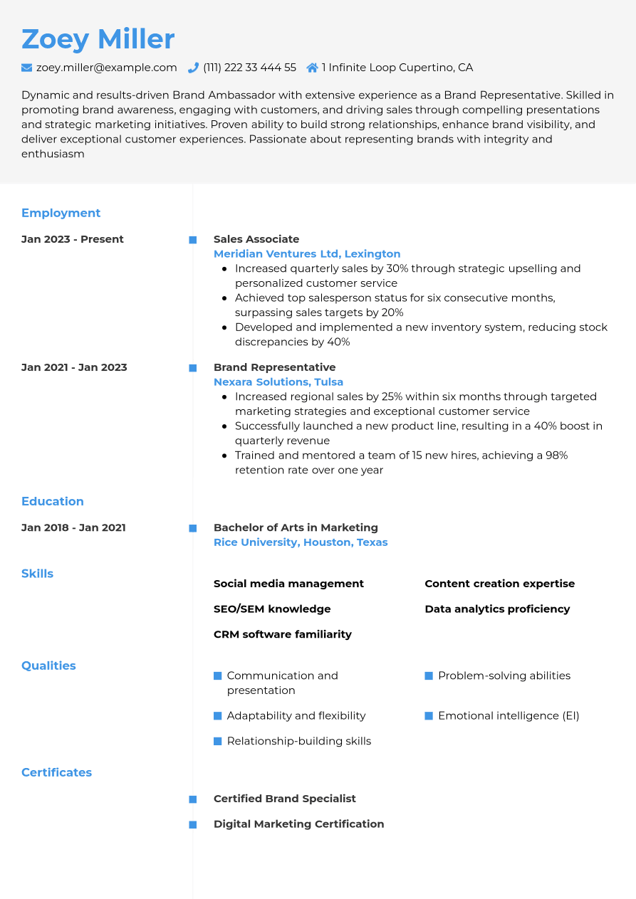 Brand Ambassador Resume Example | Jobseeker