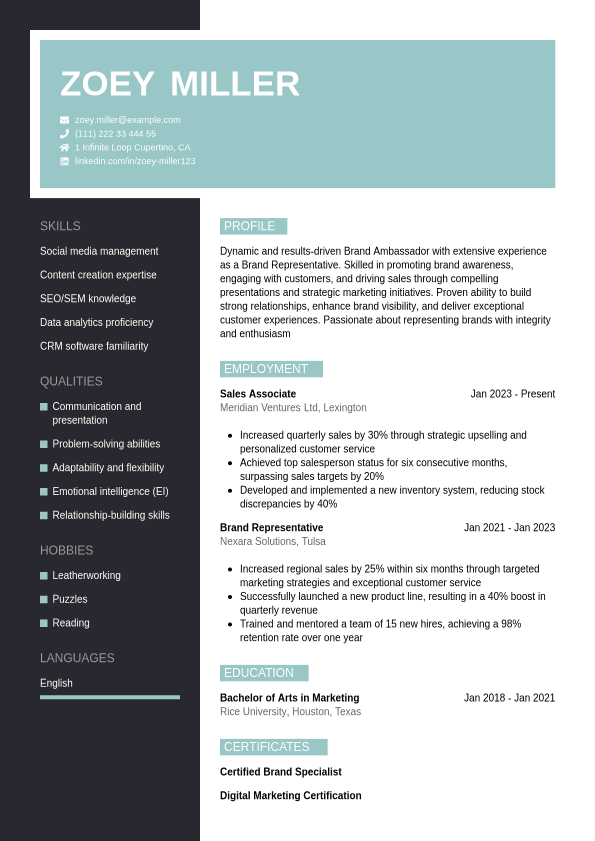 Brand Ambassador Resume Example | Jobseeker