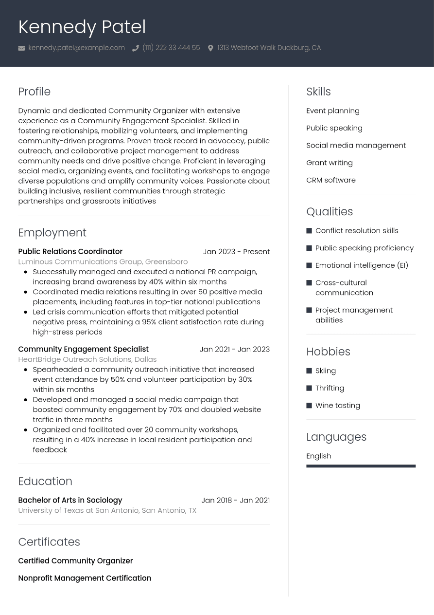 Community Organizer Resume Example | Jobseeker