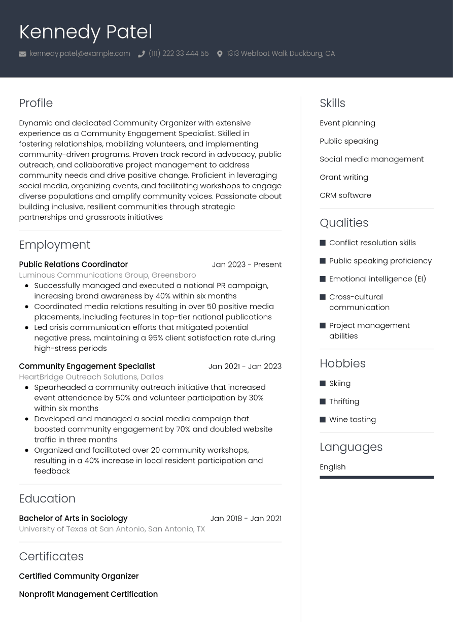 Community Organizer Resume Example | Jobseeker