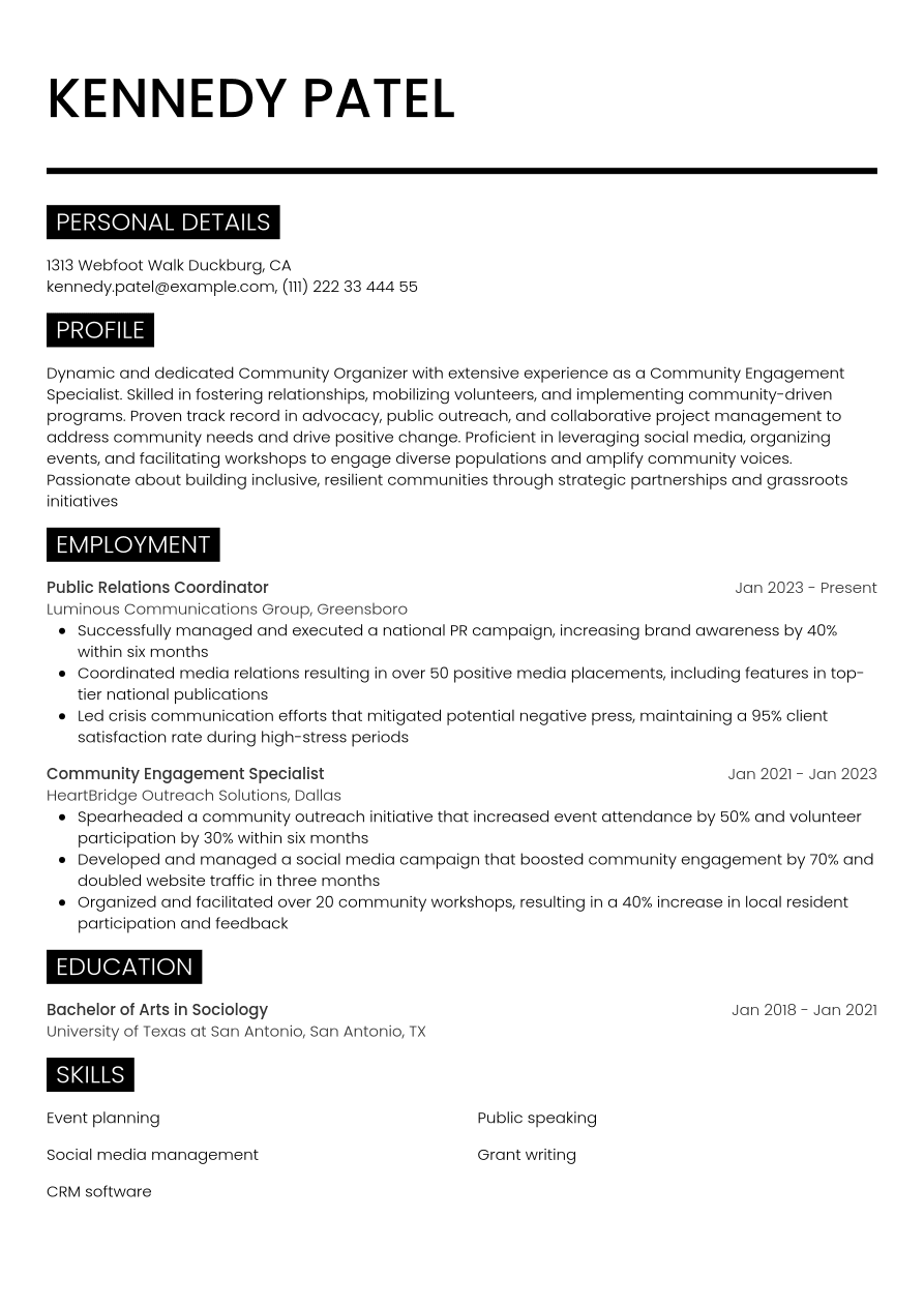 Community Organizer Resume Example | Jobseeker