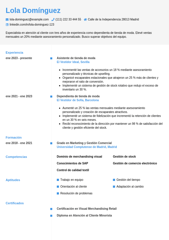 Currículum para Mango ejemplo y consejos | Jobseeker