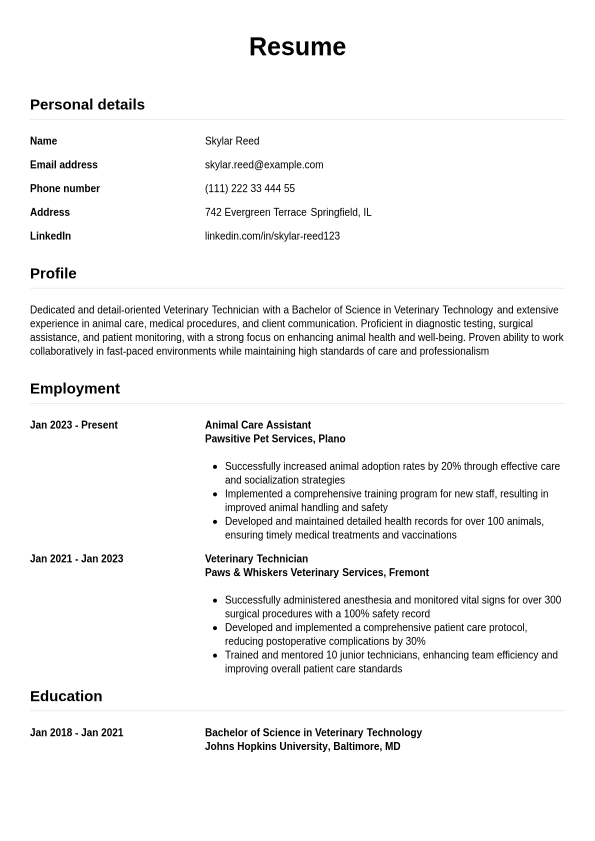 Vet Tech Resume Example | Jobseeker