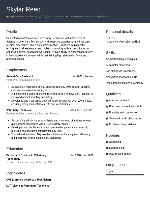 Vet Tech Resume Example | Jobseeker