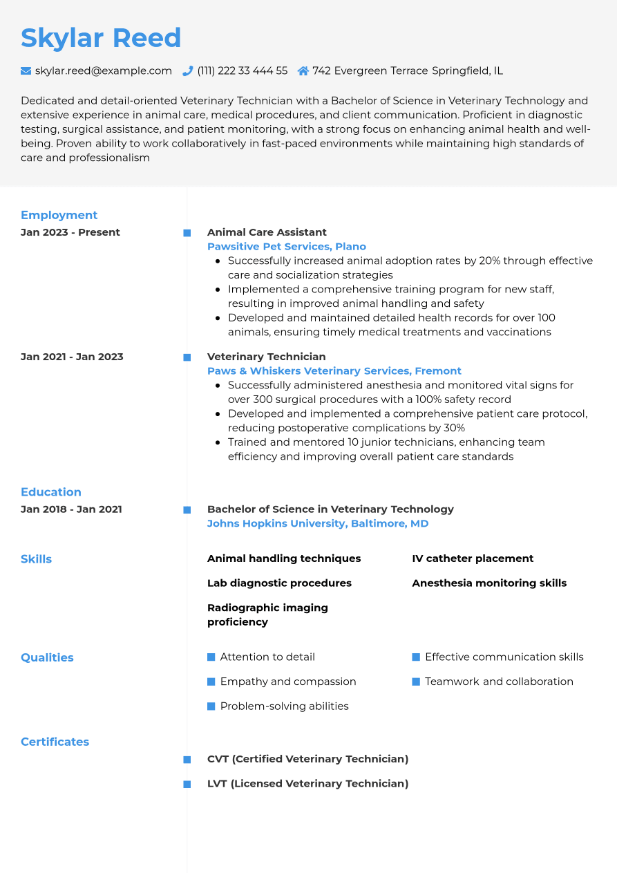 Vet Tech Resume Example | Jobseeker