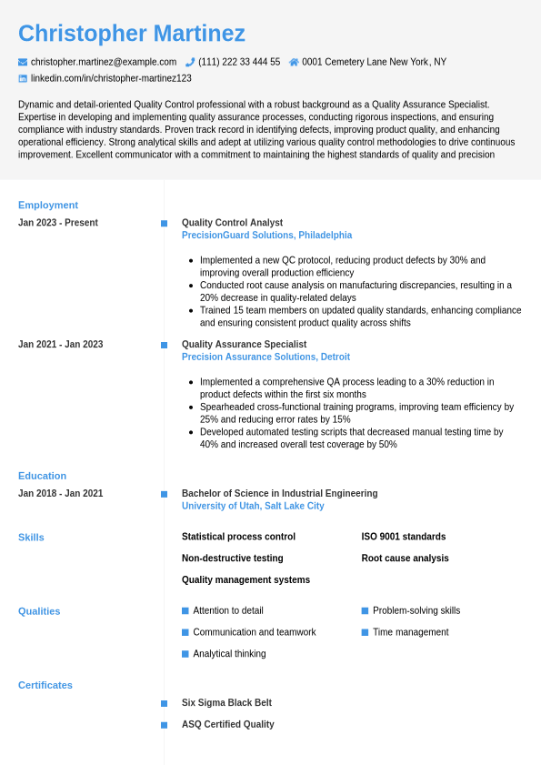 Quality Control Resume Example | Jobseeker