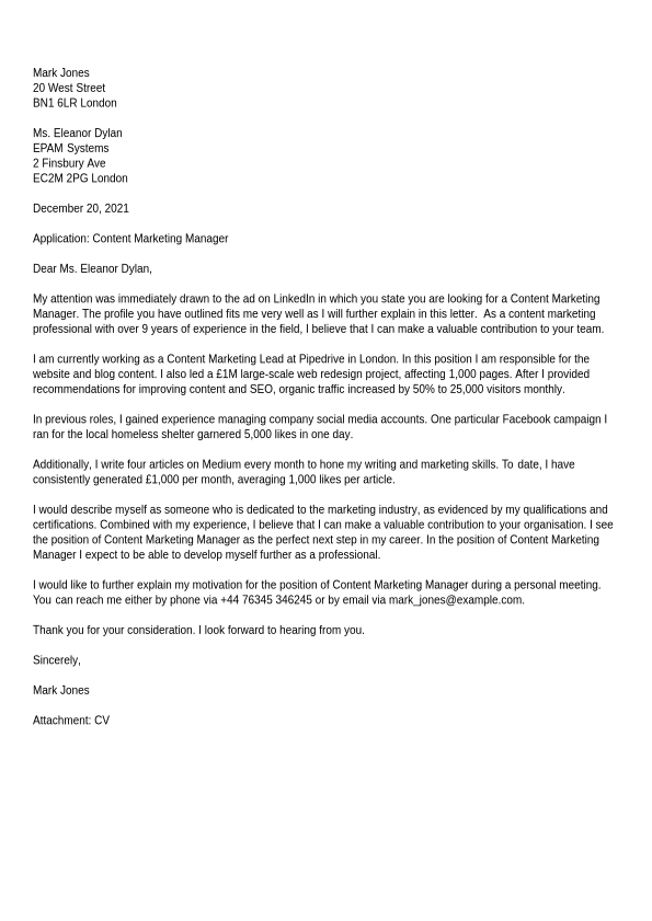 Marketing Cover Letter example | Jobseeker