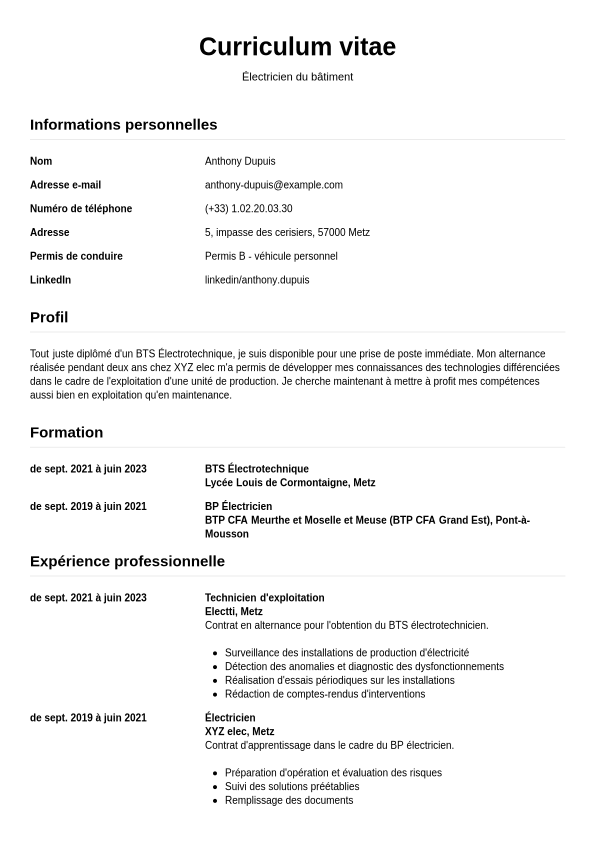 Exemple de CV d'électricien | Jobseeker