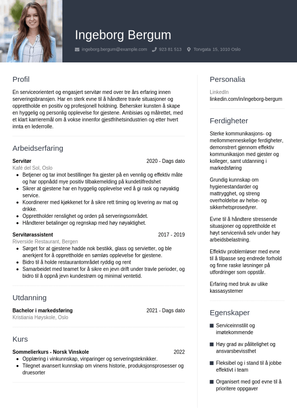 Servitør CV eksempel | Jobseeker