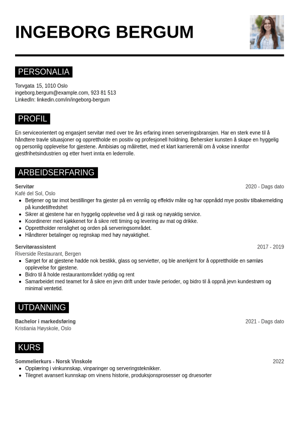 Servitør CV eksempel | Jobseeker