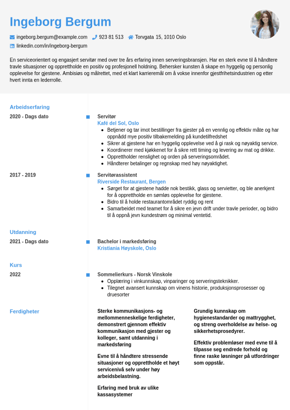 Servitør CV eksempel | Jobseeker