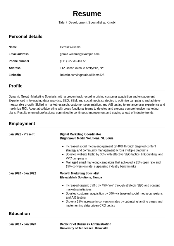 Kinobi Resume Example | Jobseeker