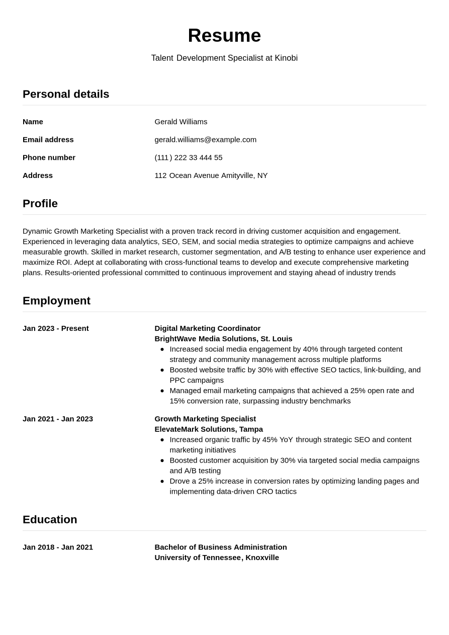 Kinobi Resume Example | Jobseeker