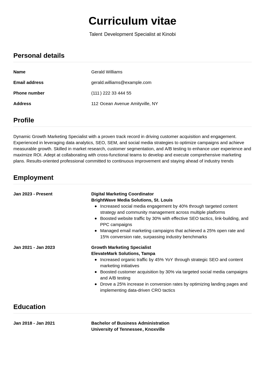 Kinobi Resume Example | Jobseeker