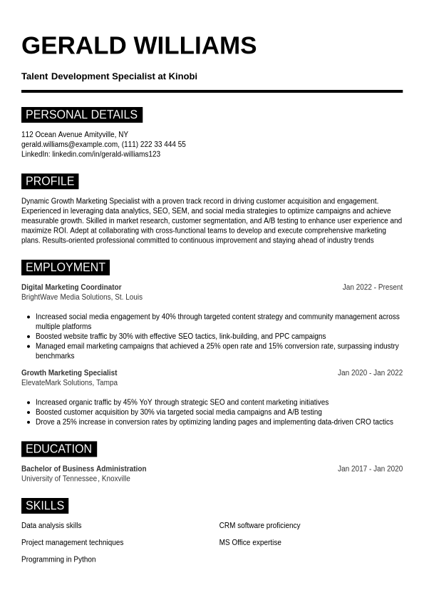 Kinobi Resume Example | Jobseeker
