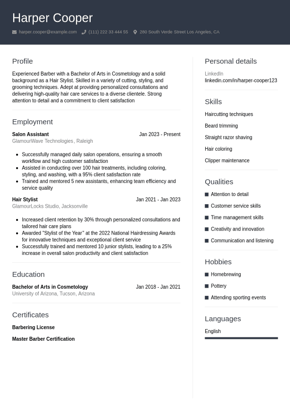 Barber Resume Example | Jobseeker